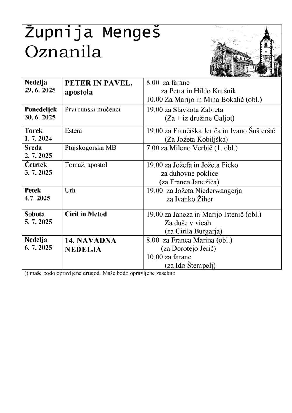 OZNANILA: Sveta Peter in Pavel - Župnija Mengeš